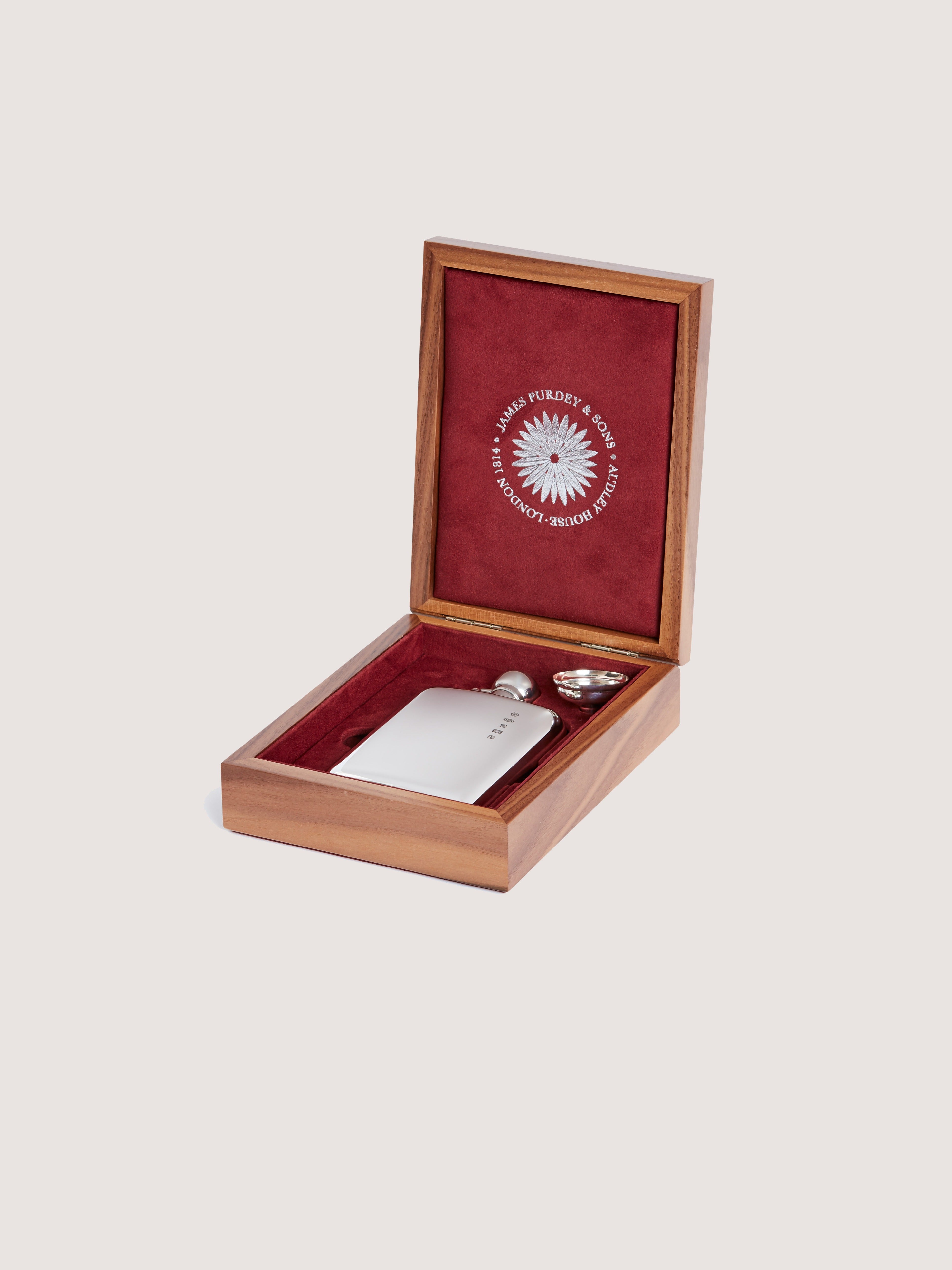 Purdey | Gifts | 6oz Silver Flask With Funnel In Walnut Case In Silver